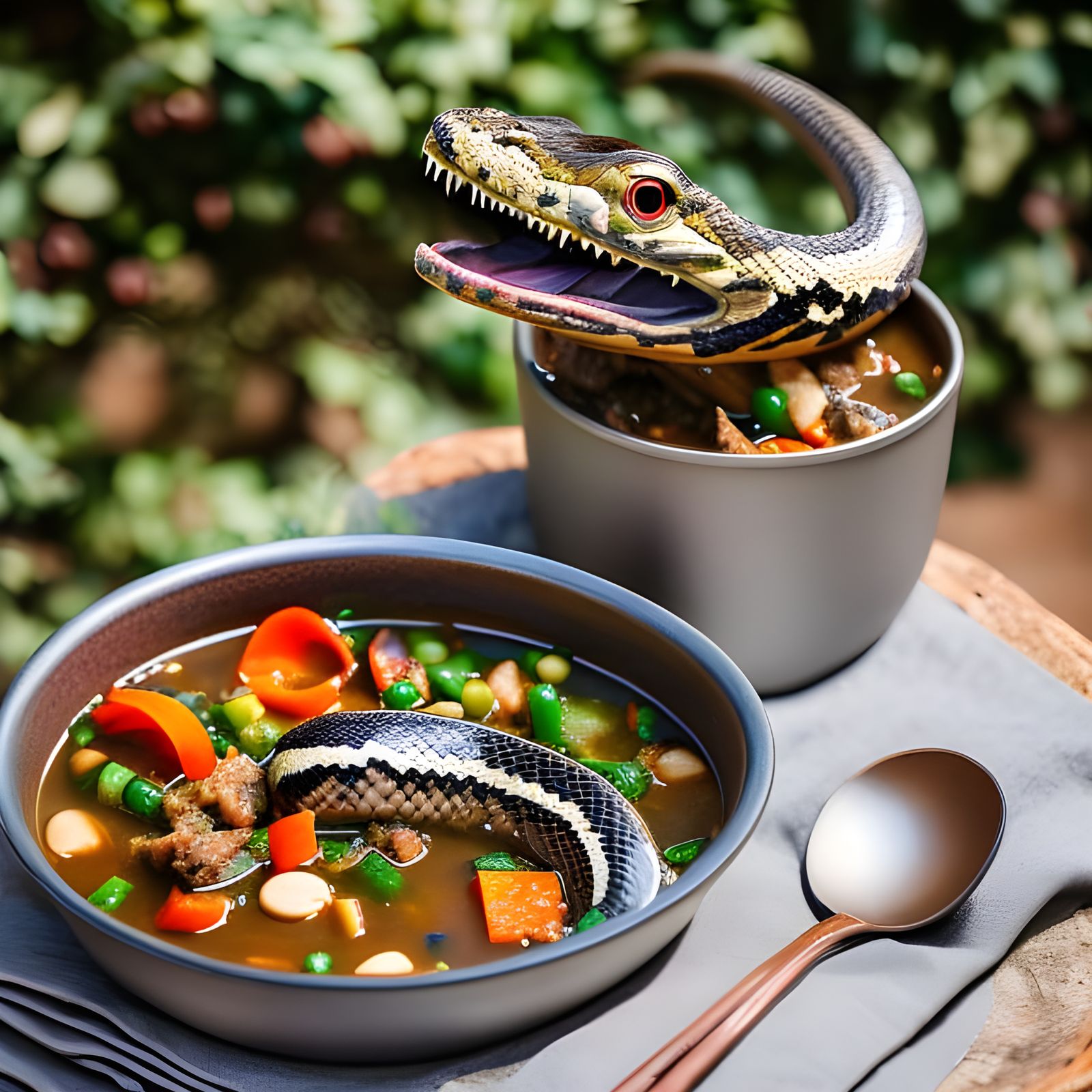 Anatomically accurate Chunky snake head stew in a pot-a disturbing oil ...