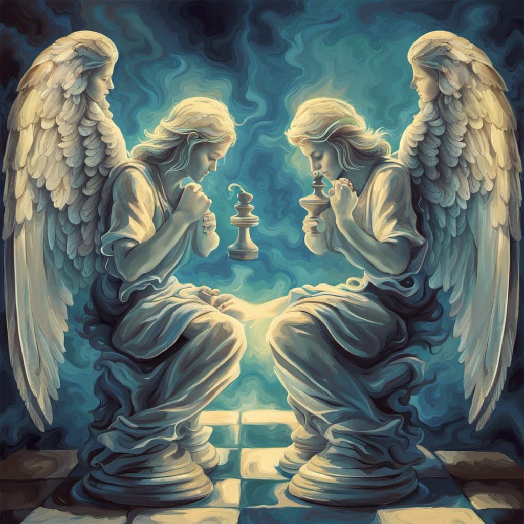 two angelic entities playing chess, image with blue colors and its ...