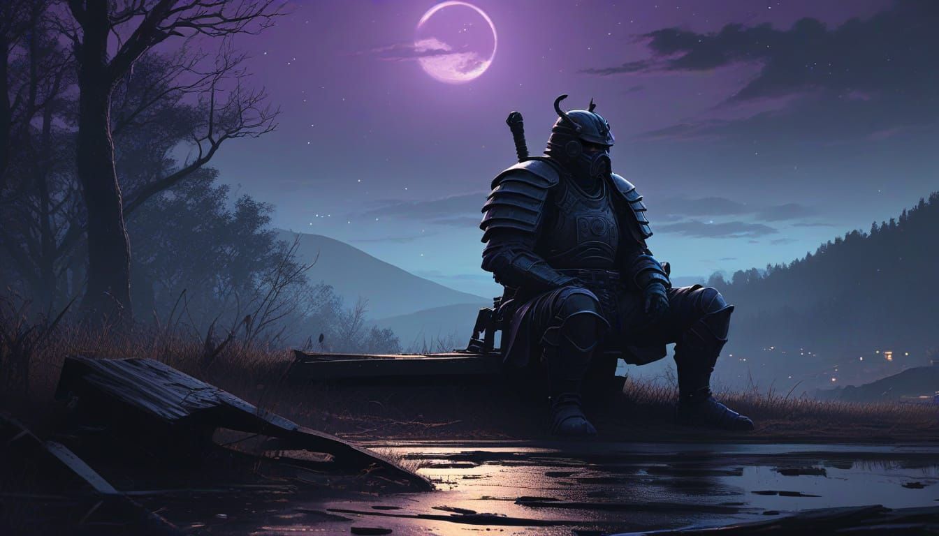 Lonely old samurai. - Weathered Samurai in Starry Galaxy