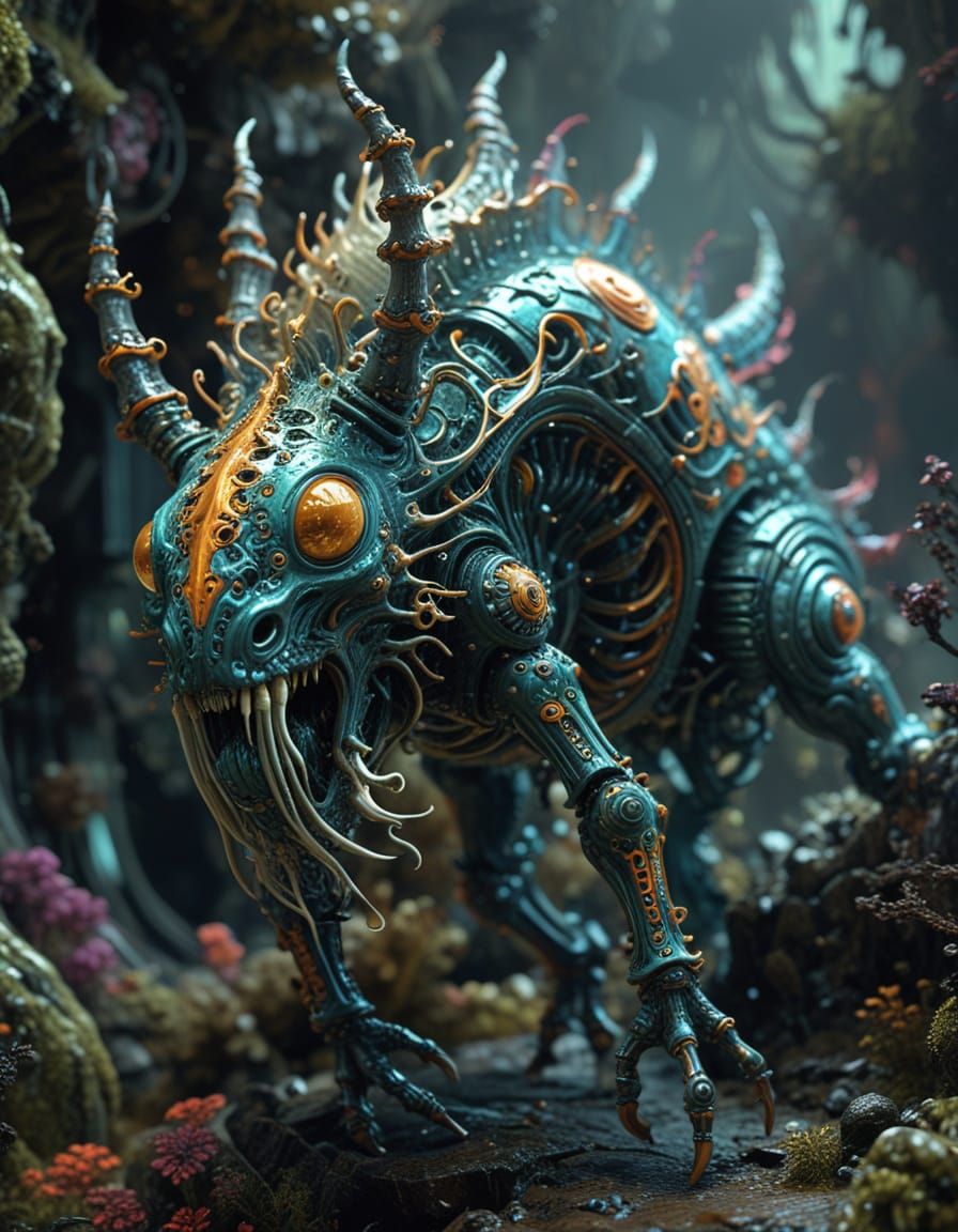 Surreal Biomechanical Creature in Contrasting Colo... - AI Art