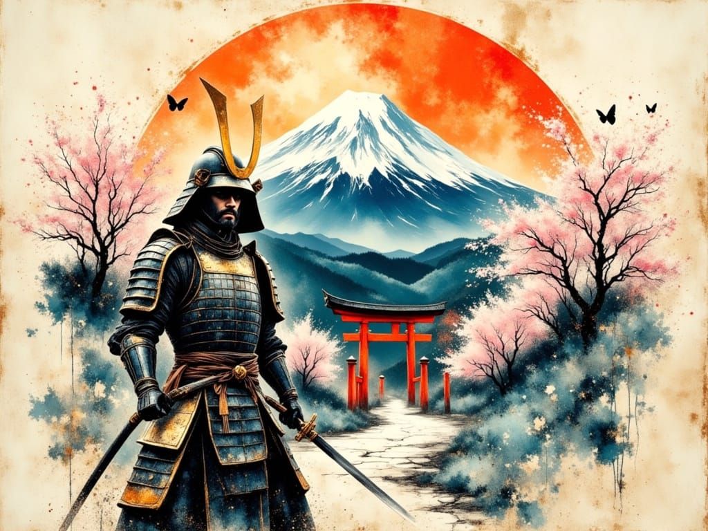 samurai is holding a long katana in a poised stance, his expression ...