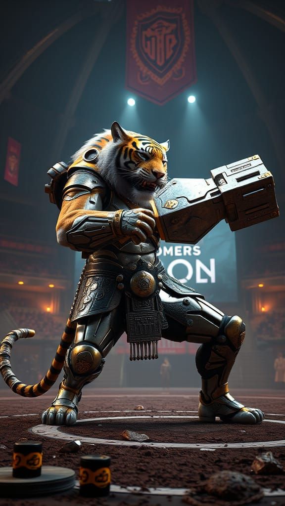 Tiger gladiator hammer fighting pose arena statium planet luxz