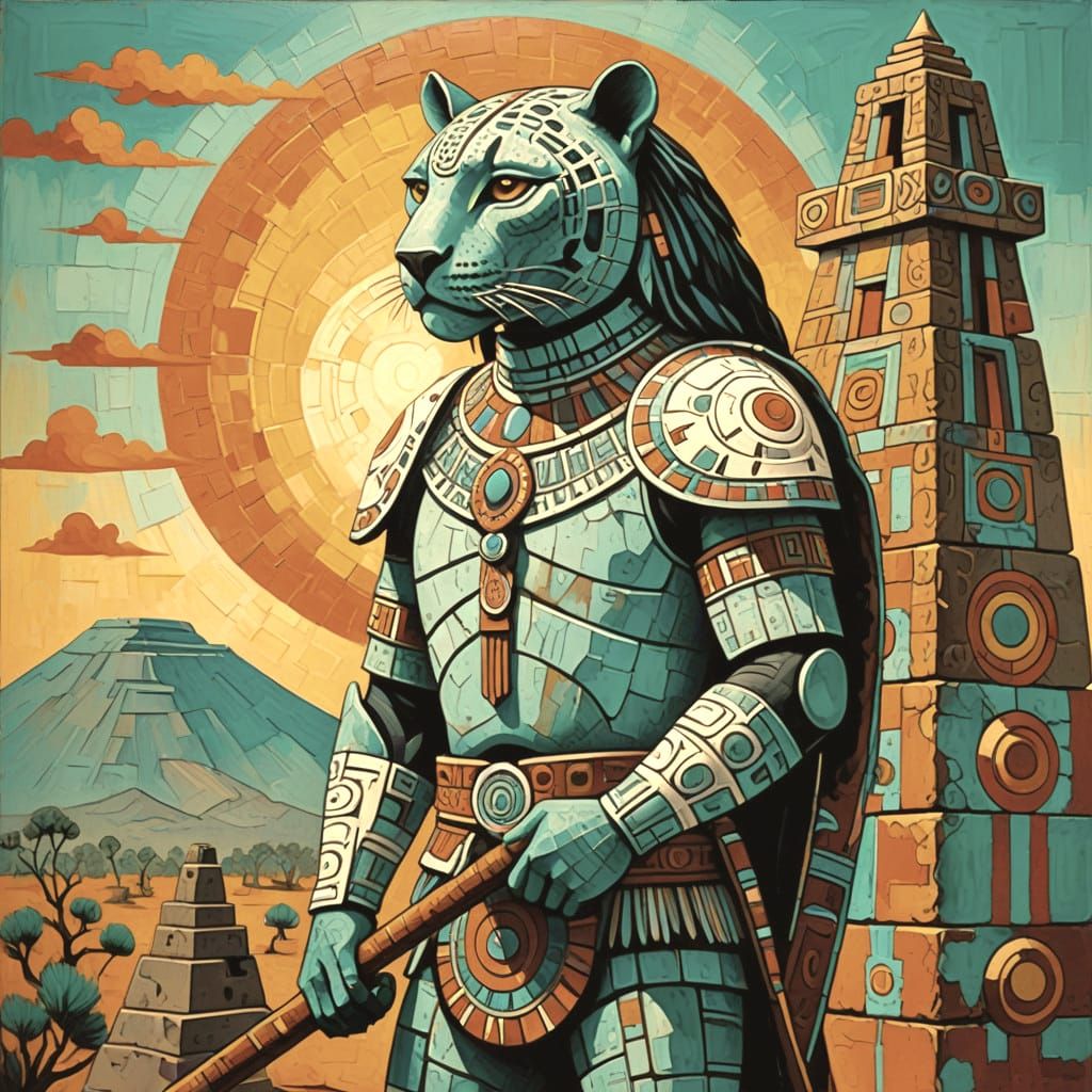 Guarding the realm - Ancient Mexican Warrior in Aztec Hierog...