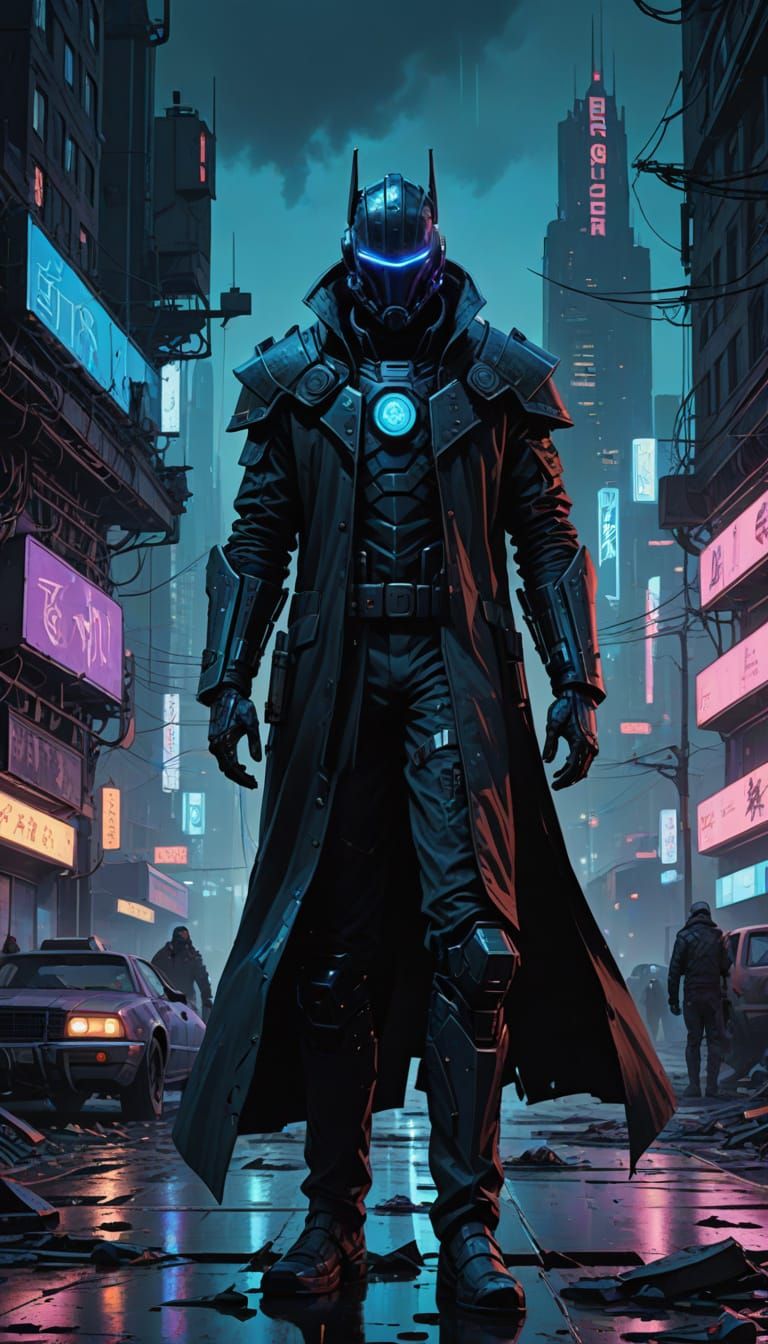 Cyberpunk Knight Carries Lifeless King in Dark, Gr... - AI Art