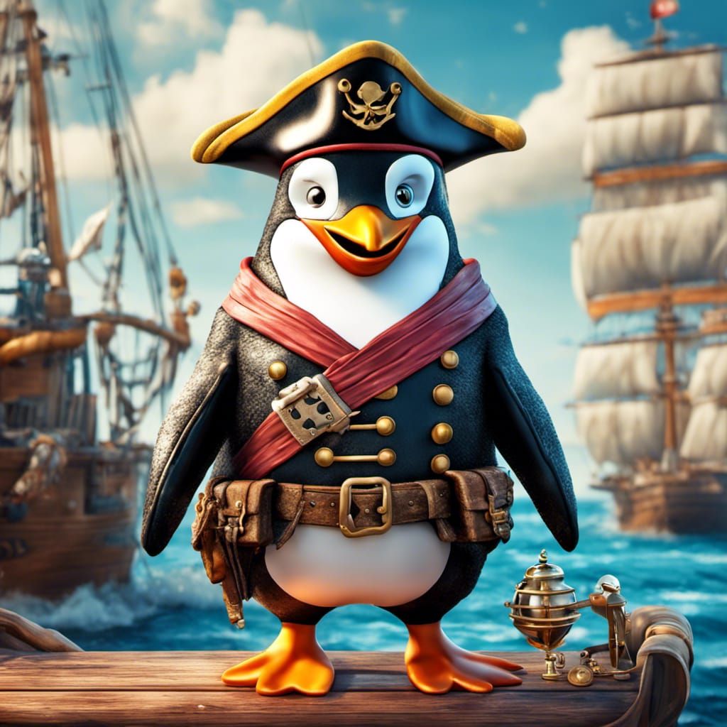 The captain penguin pirate on the high seas photorealistic intricately ...