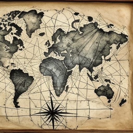 Ancient mariners map; ink on antique parchment paper; compass rose ...