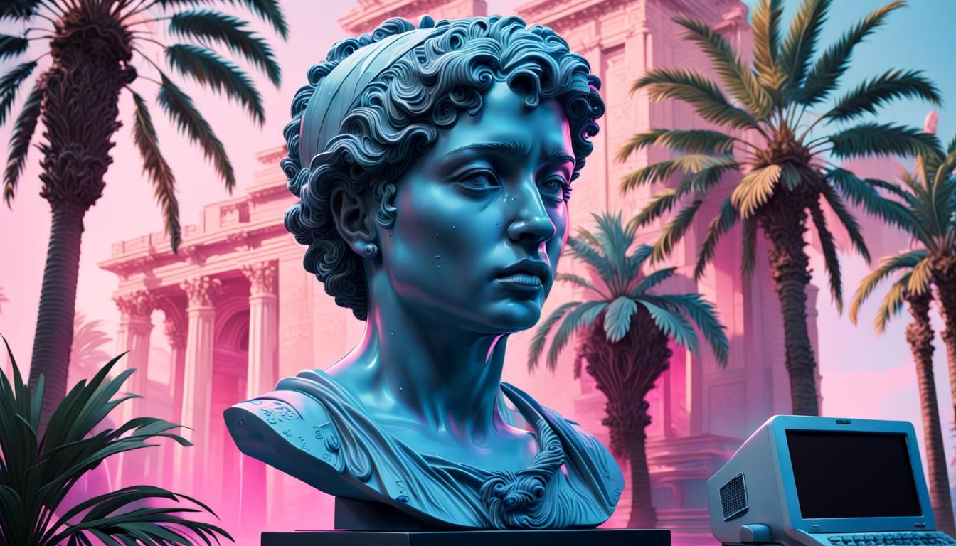 vaporware aesthetic Roman bust palm trees and old computer early ...