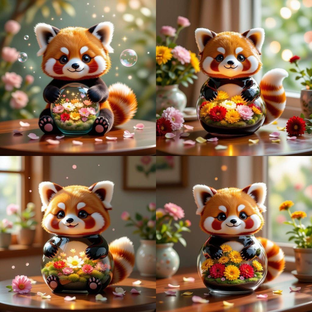 Adorable Glass Red Panda Vase with Flowers - AI Art