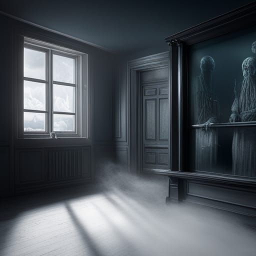 Ghost looking out a window mist shadows horror realistic intricate ...