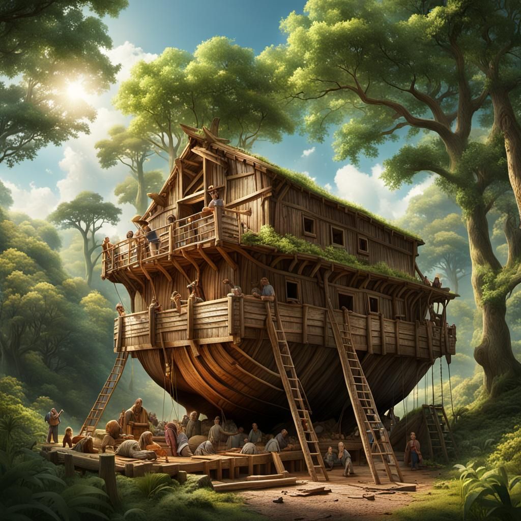 Noah's Ark Being Built - Noah's Ark Rising in a Verdant Fore...