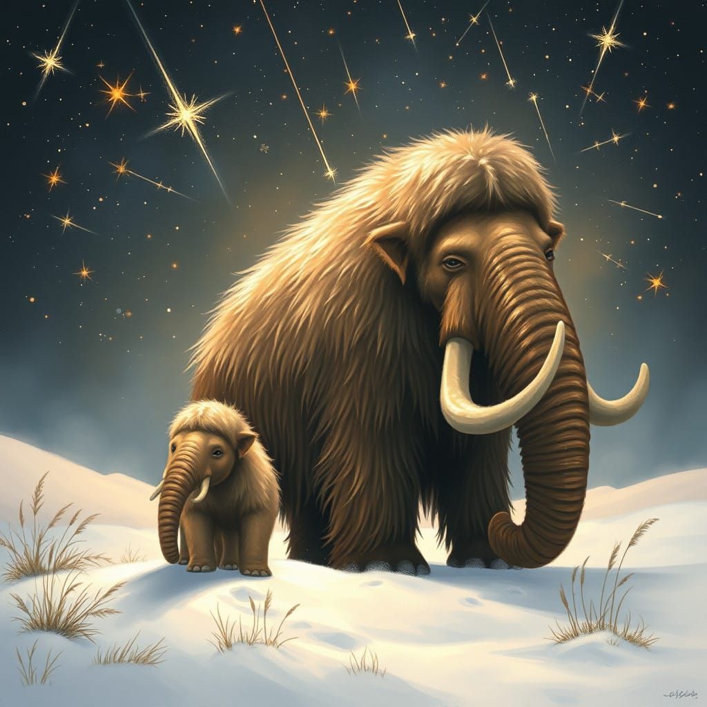 a baby mammoth and mother mammoth in the snow with falling stars in the sky