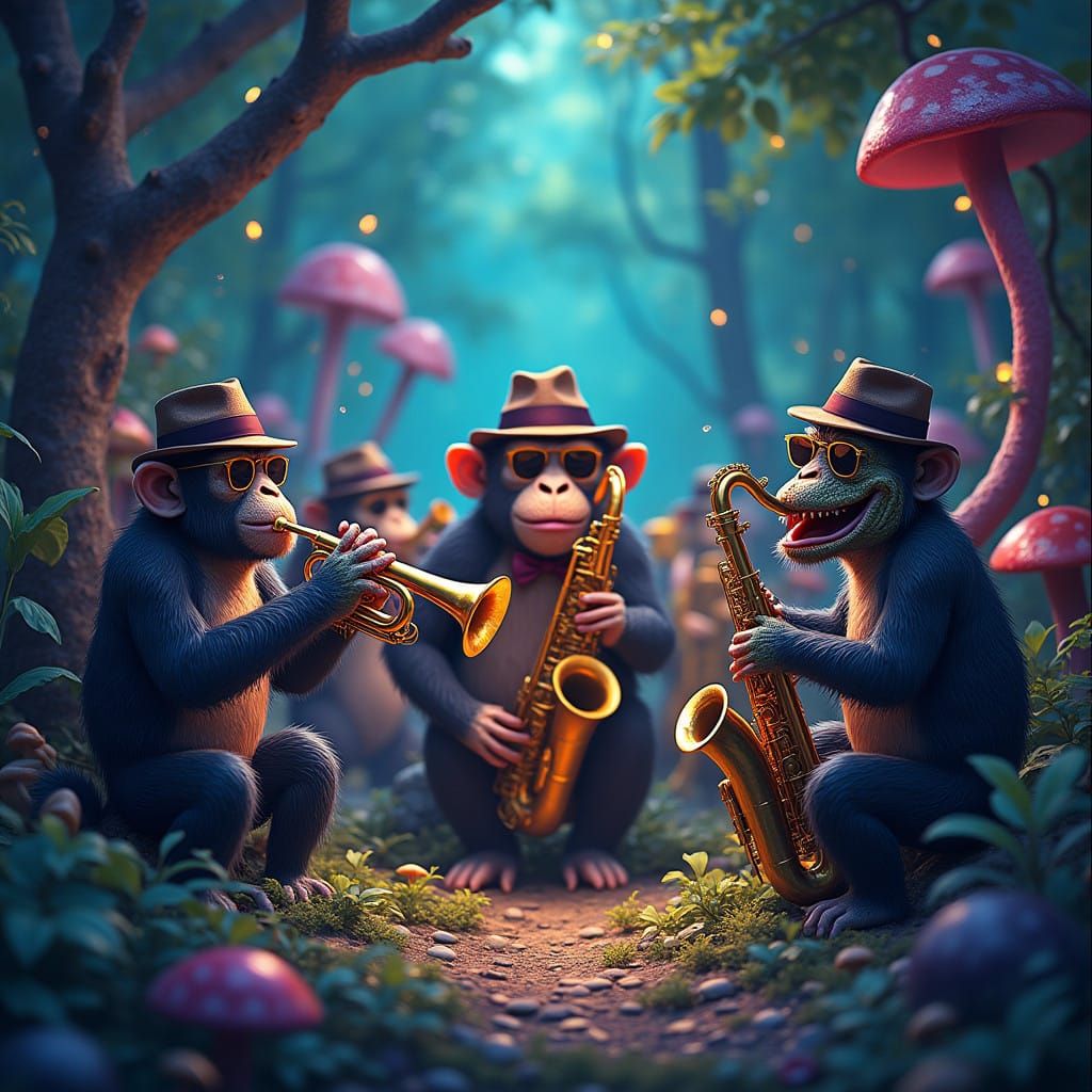Vibrant Surreal Forest Jazz Scene with Monkeys and... - AI Art