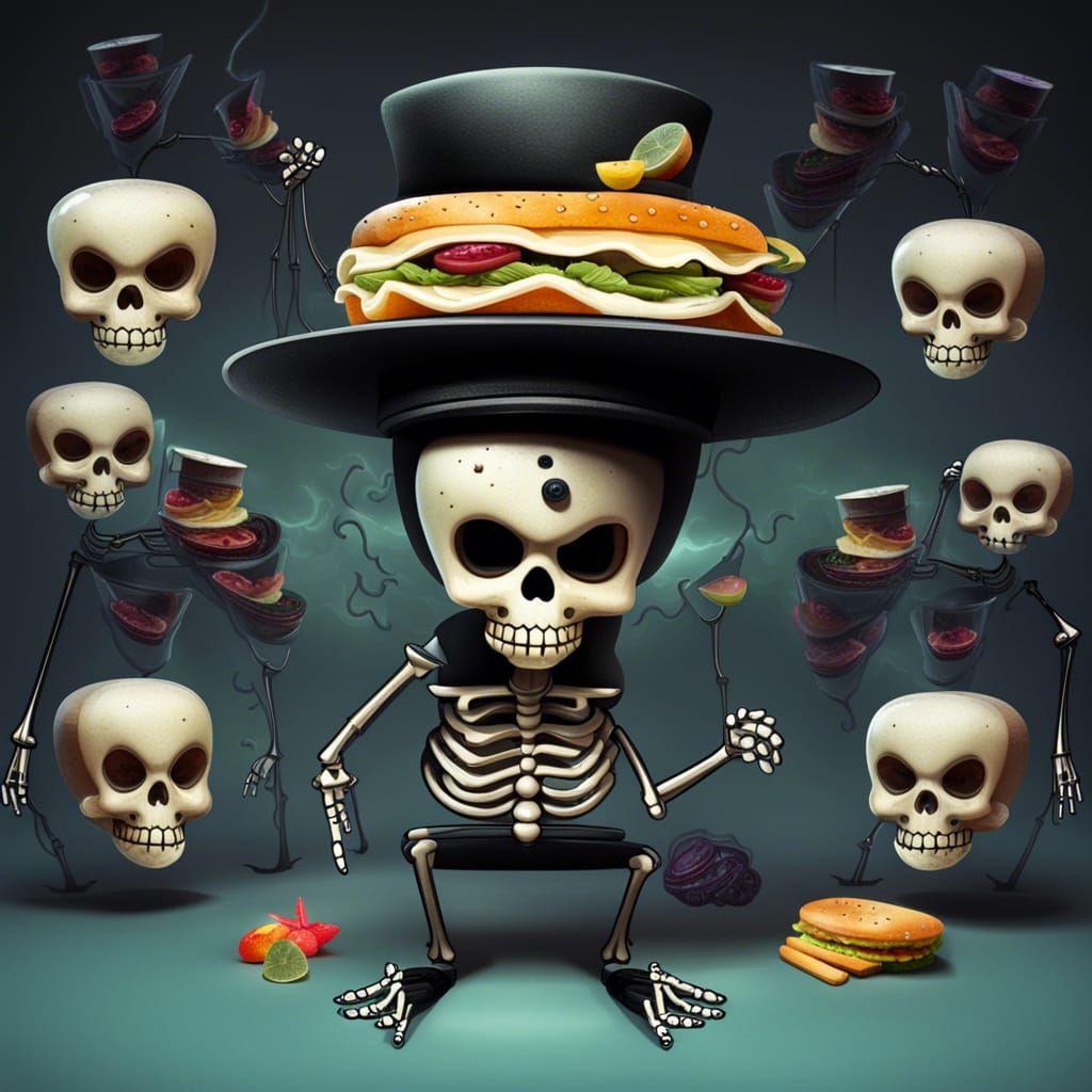 Wacky sandwiches, skeletons, black hat - AI Generated Artwork ...