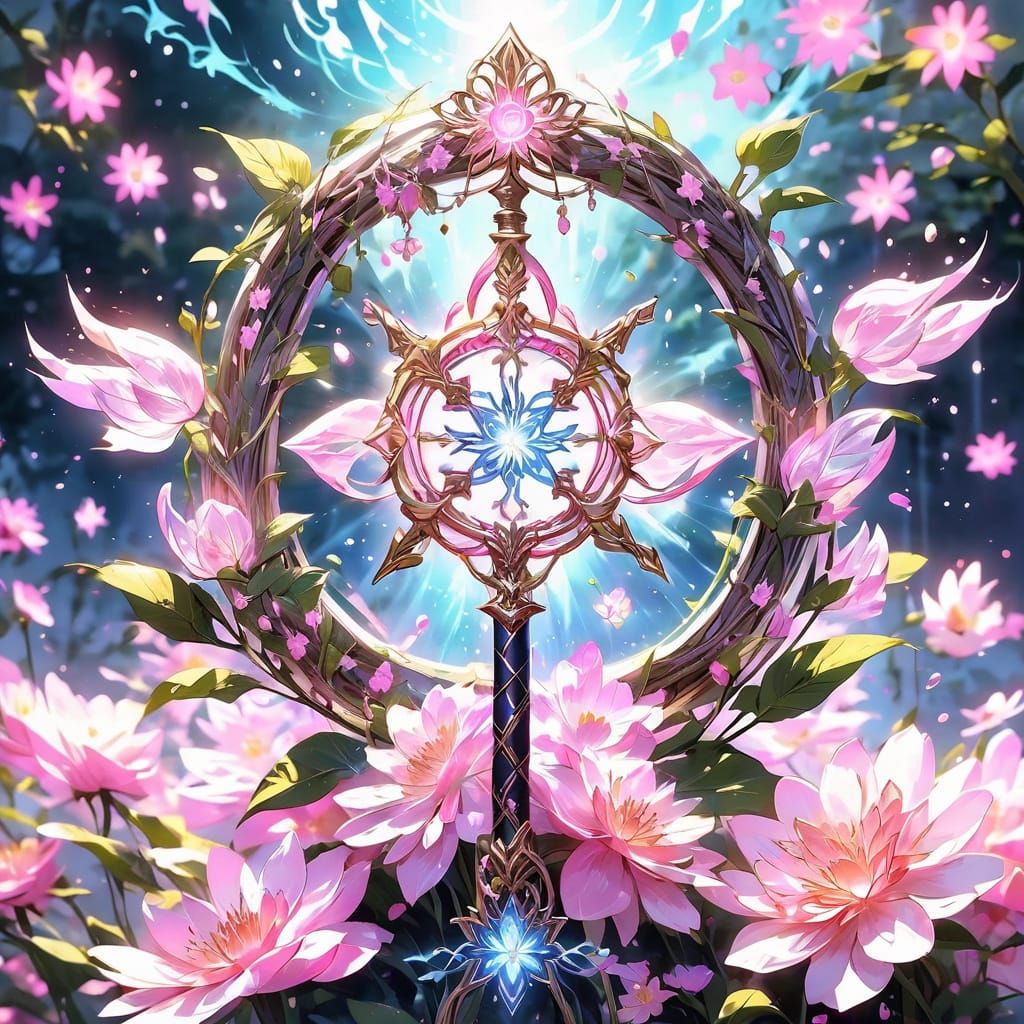 Pink Blooming Blessing" staff, a delicate, ornate staff that would flower at the tip, releasing ...