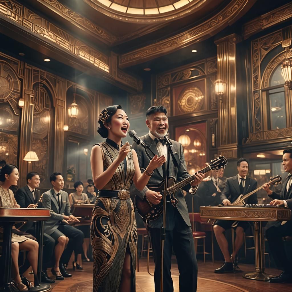 Beautiful Asian lady singing on stage with backing band in art deco ...