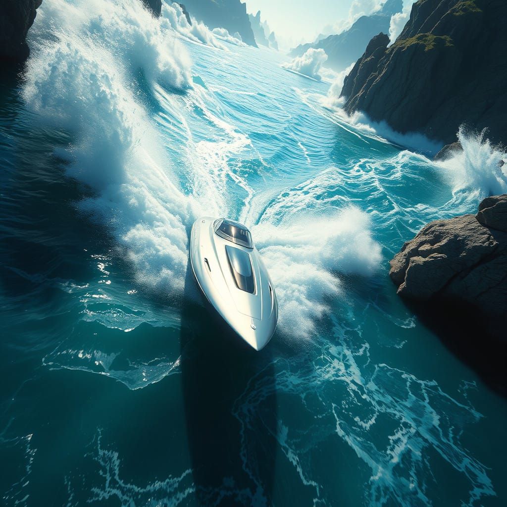 speed boat on lake with big waves - Sleek Silver Speedboat T...