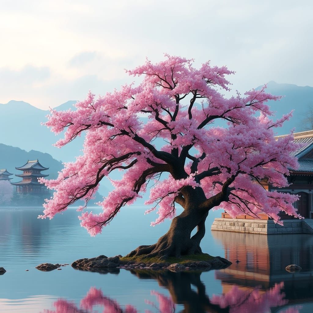 Ethereal Sakura Tree in Japanese Landscape - AI Art