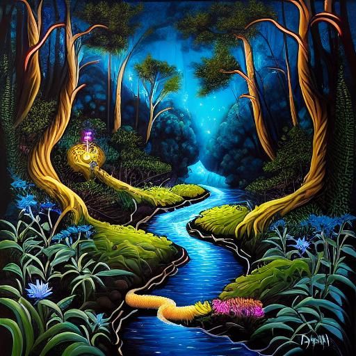 A painting of a winding stream running through a forest with ...