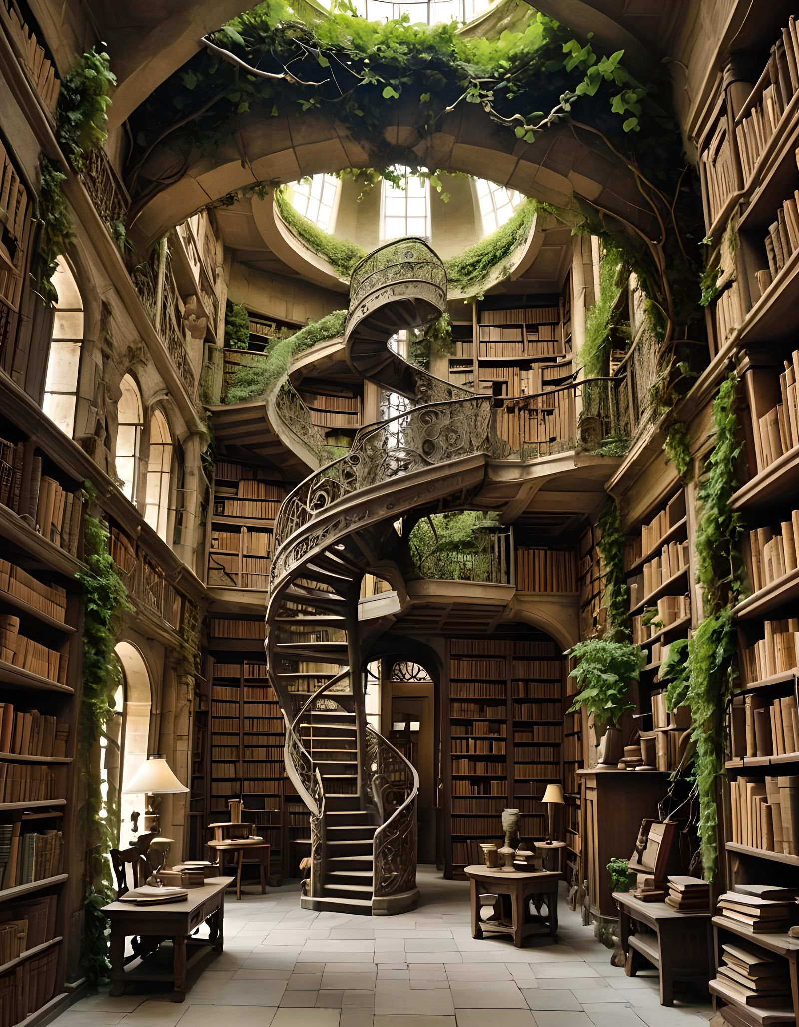 Ancient overgrown library - AI Generated Artwork - NightCafe Creator