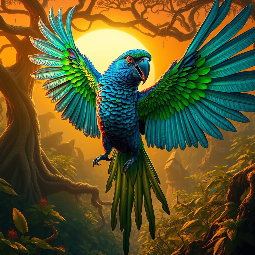 Angry parrot - Emerald Parrot Takes Flight in Vibrant Jungle
