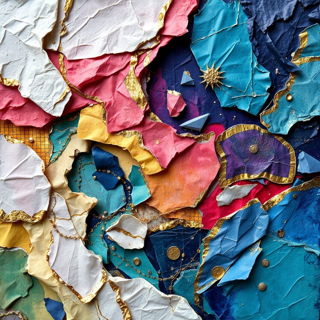 Impasto Paper Fragmentation in Vibrant, Iridescent... - AI Art