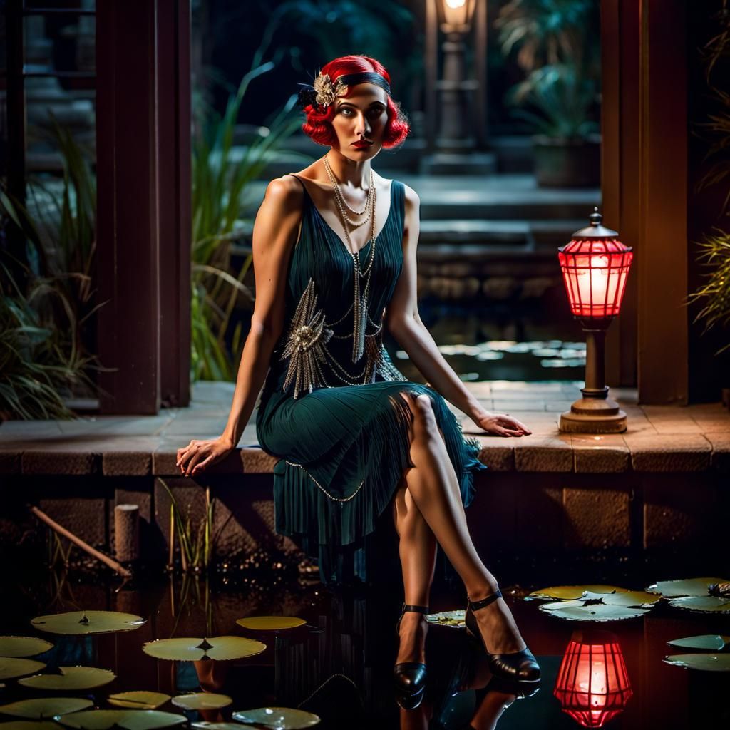 Redhaired 1930s flapper girl sitting on the edge of an indoor pond with ...