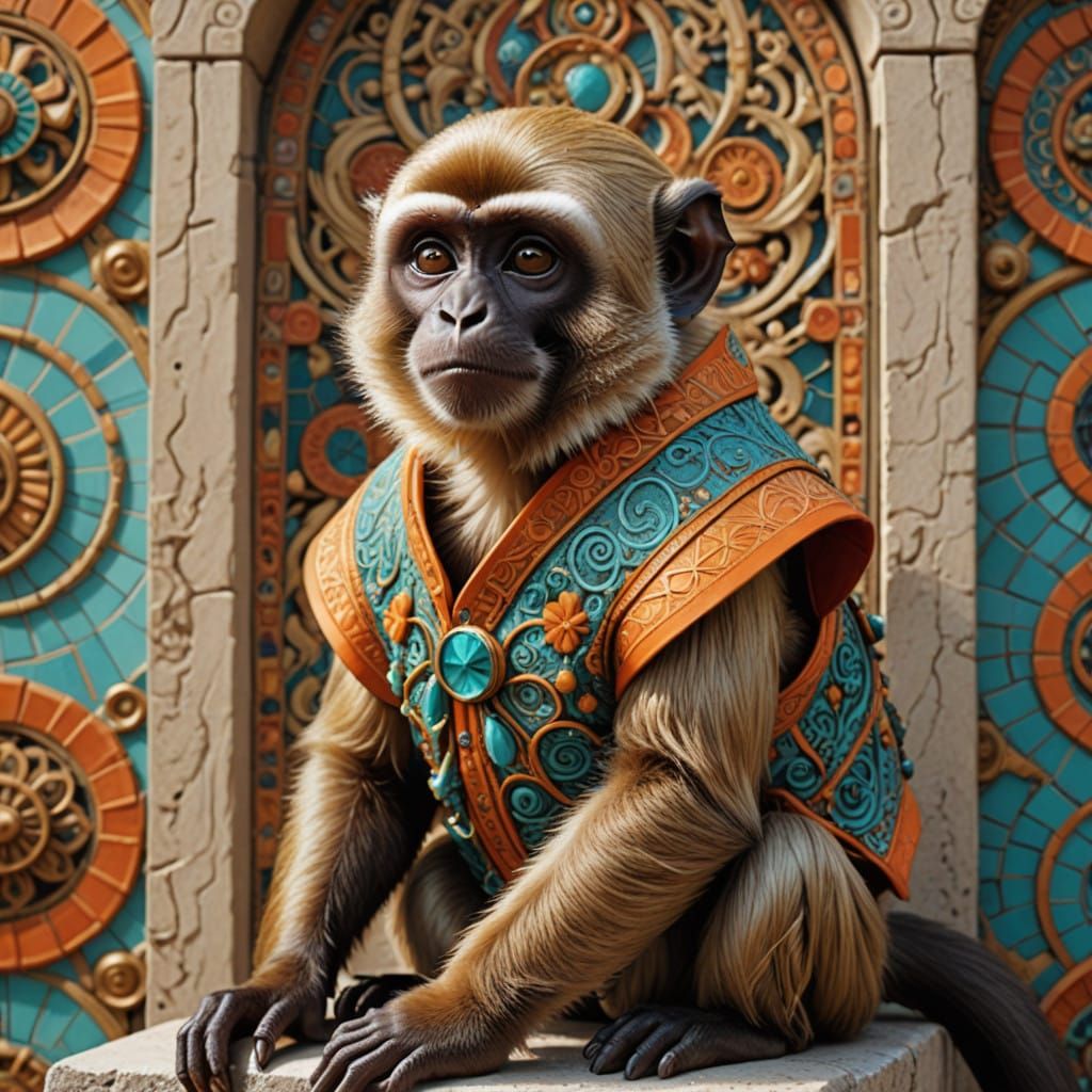 Monkey Sits on Ornate Wall, Enjoying Exotic Chocol... - AI Art