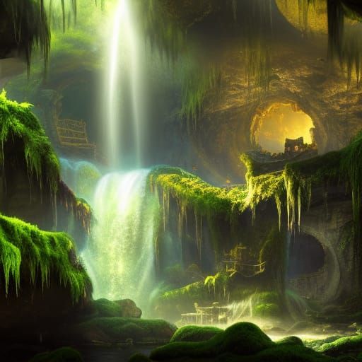 amazing underground cavern with waterfall. lagoon. moss. mysterious ...