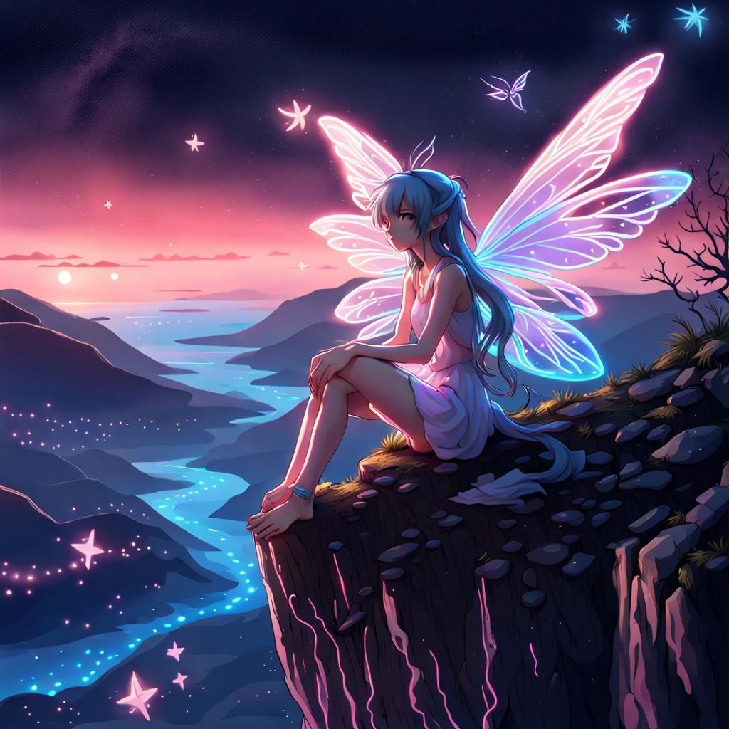 neon fairy sitting on a cliff - AI Generated Artwork - NightCafe Creator