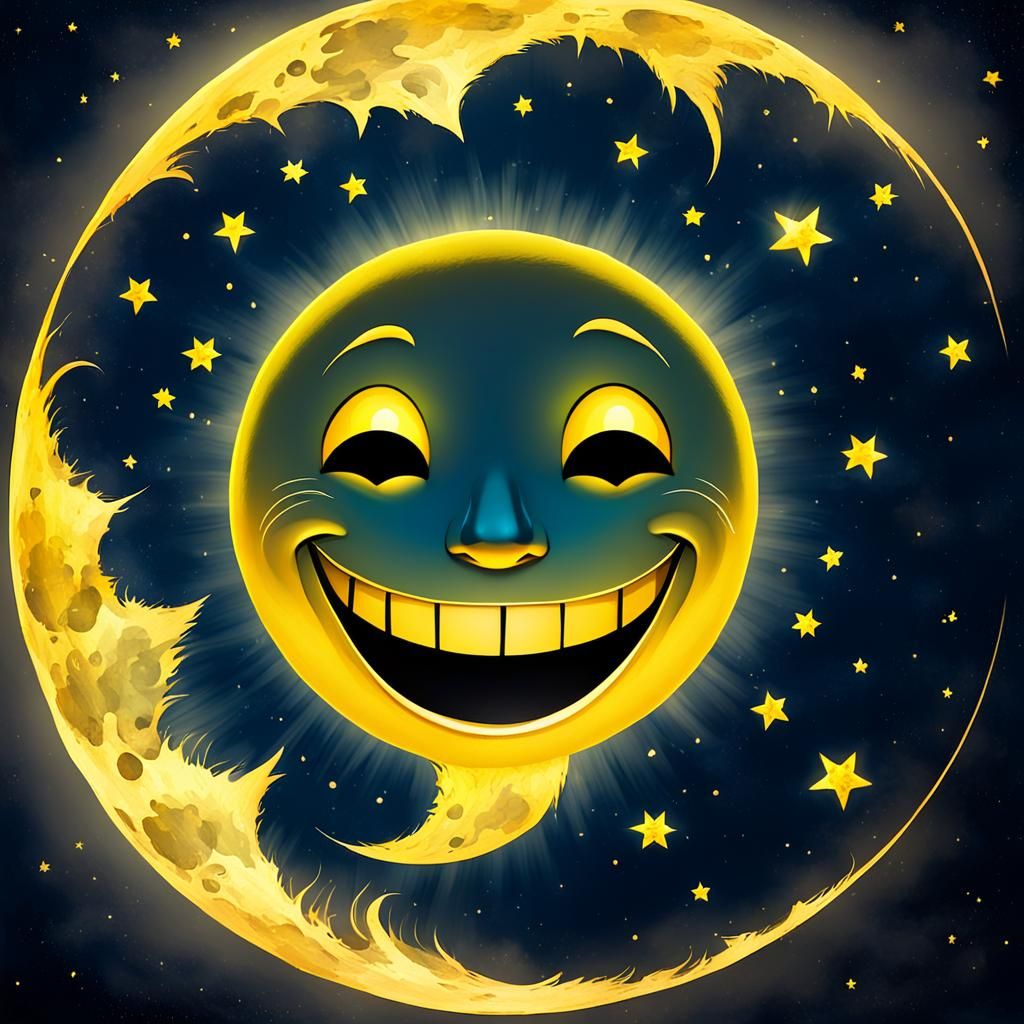 full bright yellow moon whimsical smiling face - AI Generated Artwork ...