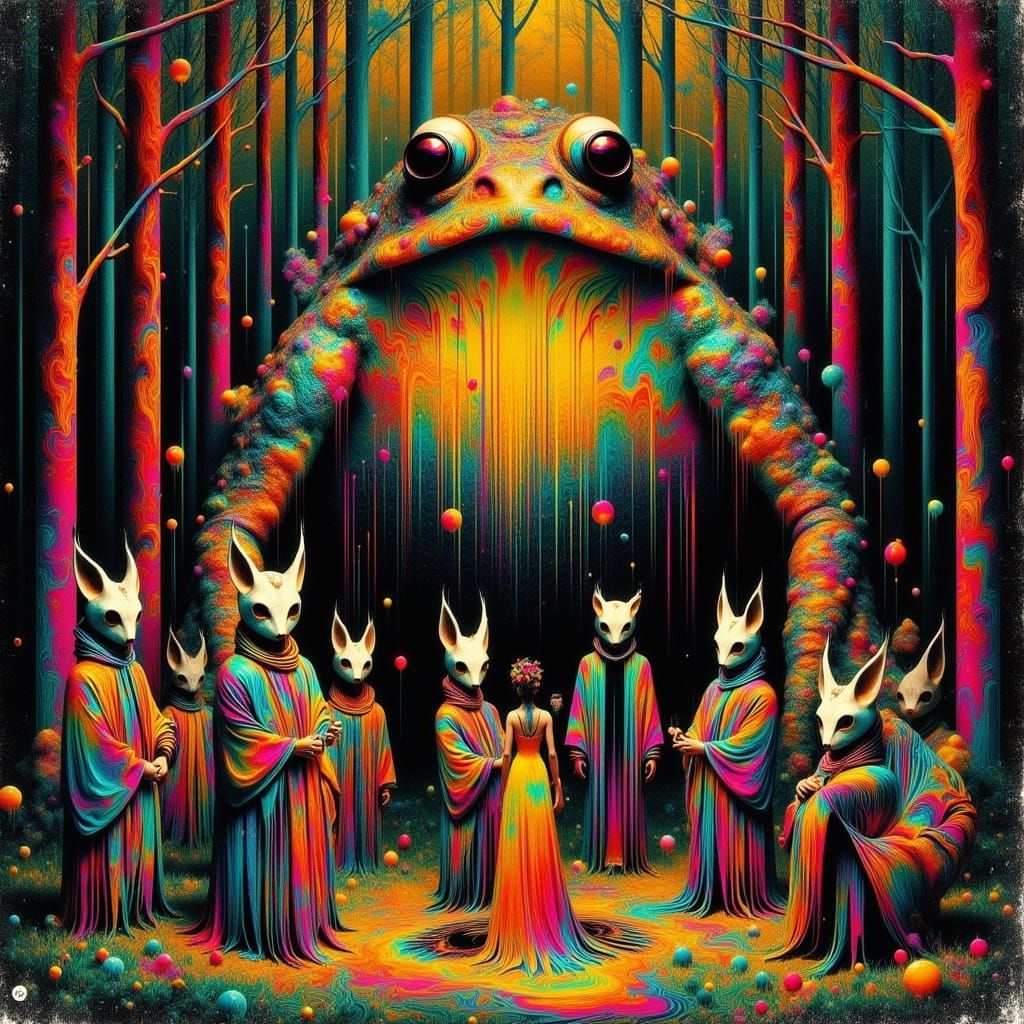Giant Toad Goddess with Fox Bride in Vibrant Matis... - AI Art