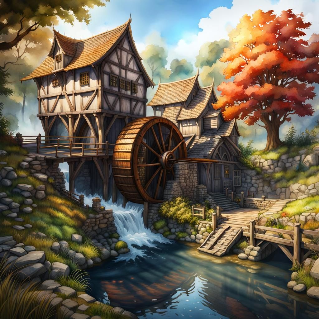 Watermill - Medieval Watermill in Detailed Watercolor Paint...