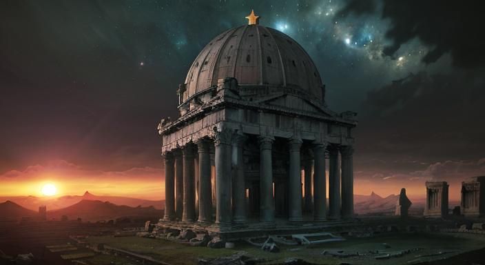 surreal, ancient rome, abandoned temple on exoplanet, wrecked technology, dark clouds, surreal ...