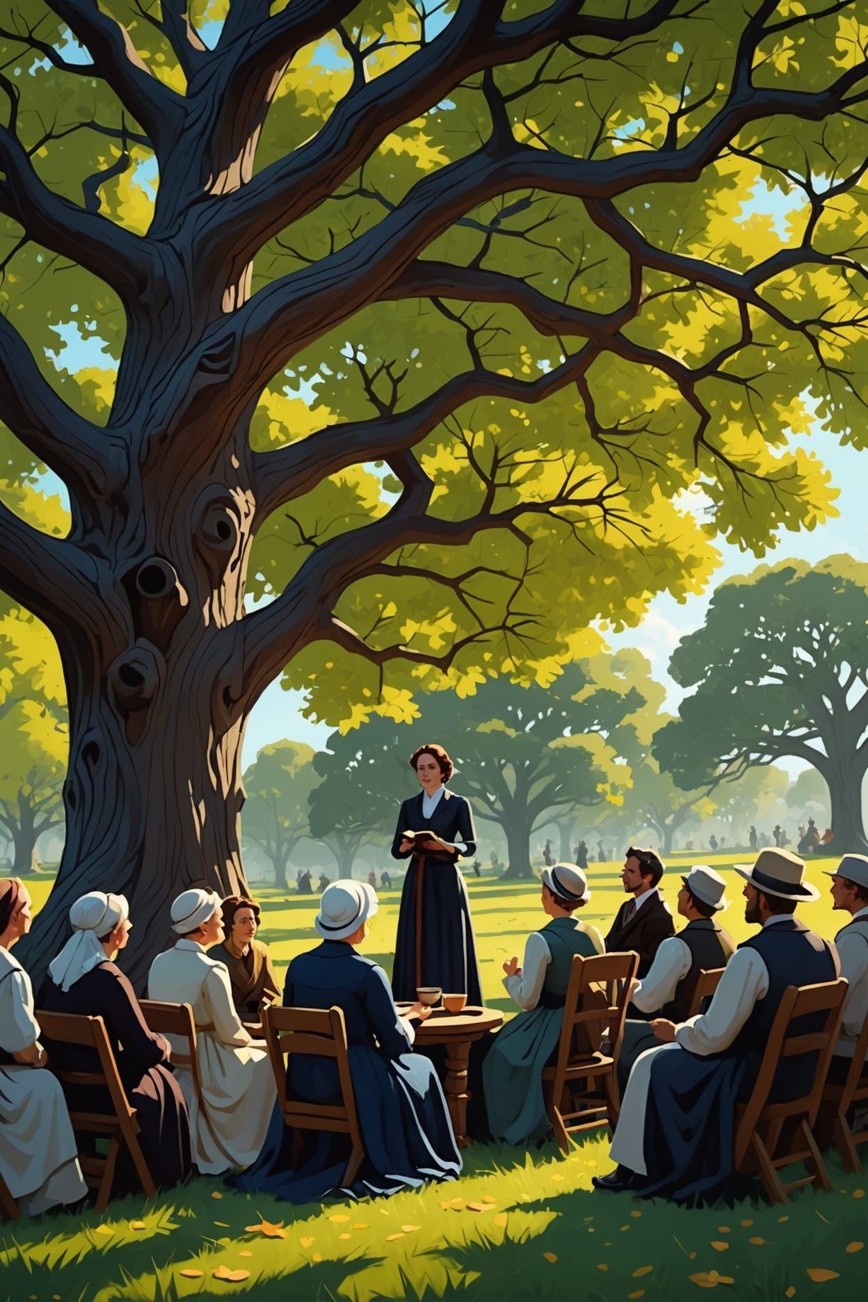 Create an artwork depicting Widow Matilda telling a captivating story ...