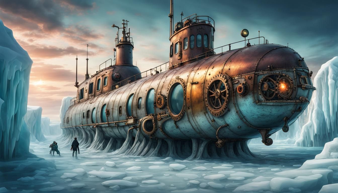 A steampunk submarine breaking through the ice of a frozen, underground sea cool colors warm ...