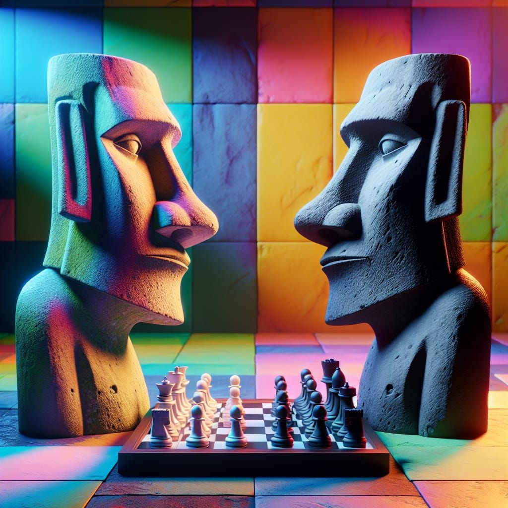 two moai sitting across chess board playing chess with each other ...