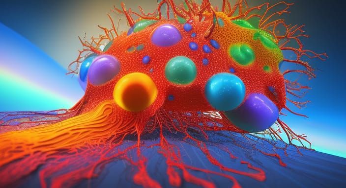 A 3-d visualization of a neuron filled with colorful shapes ...