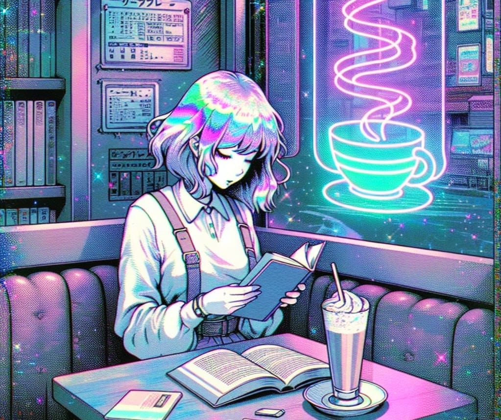 Reading at the Glitch Cafe - AI Generated Artwork - NightCafe Creator
