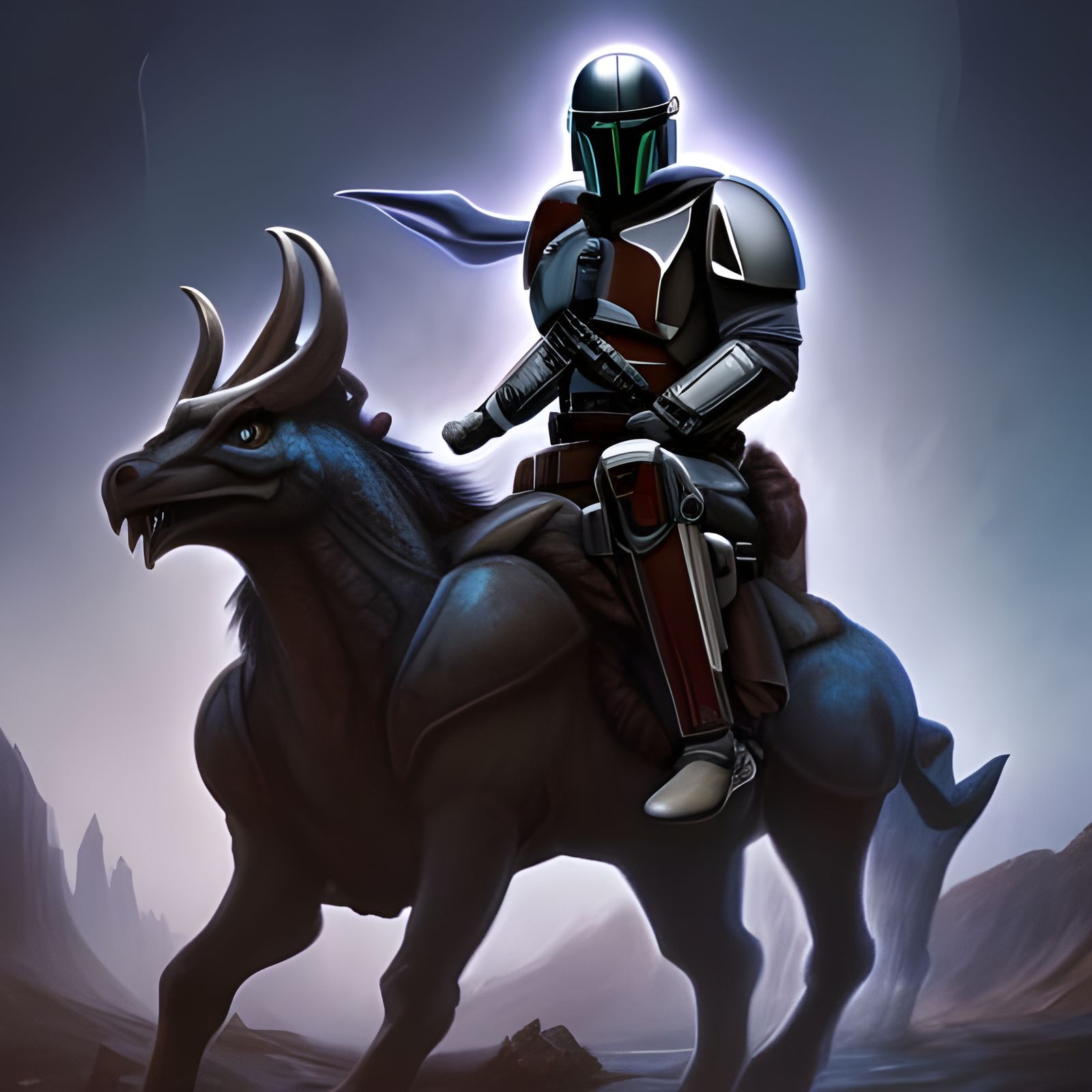 A Mandalorian riding atop a muscular dragon-alien steed, in a wasteland ...