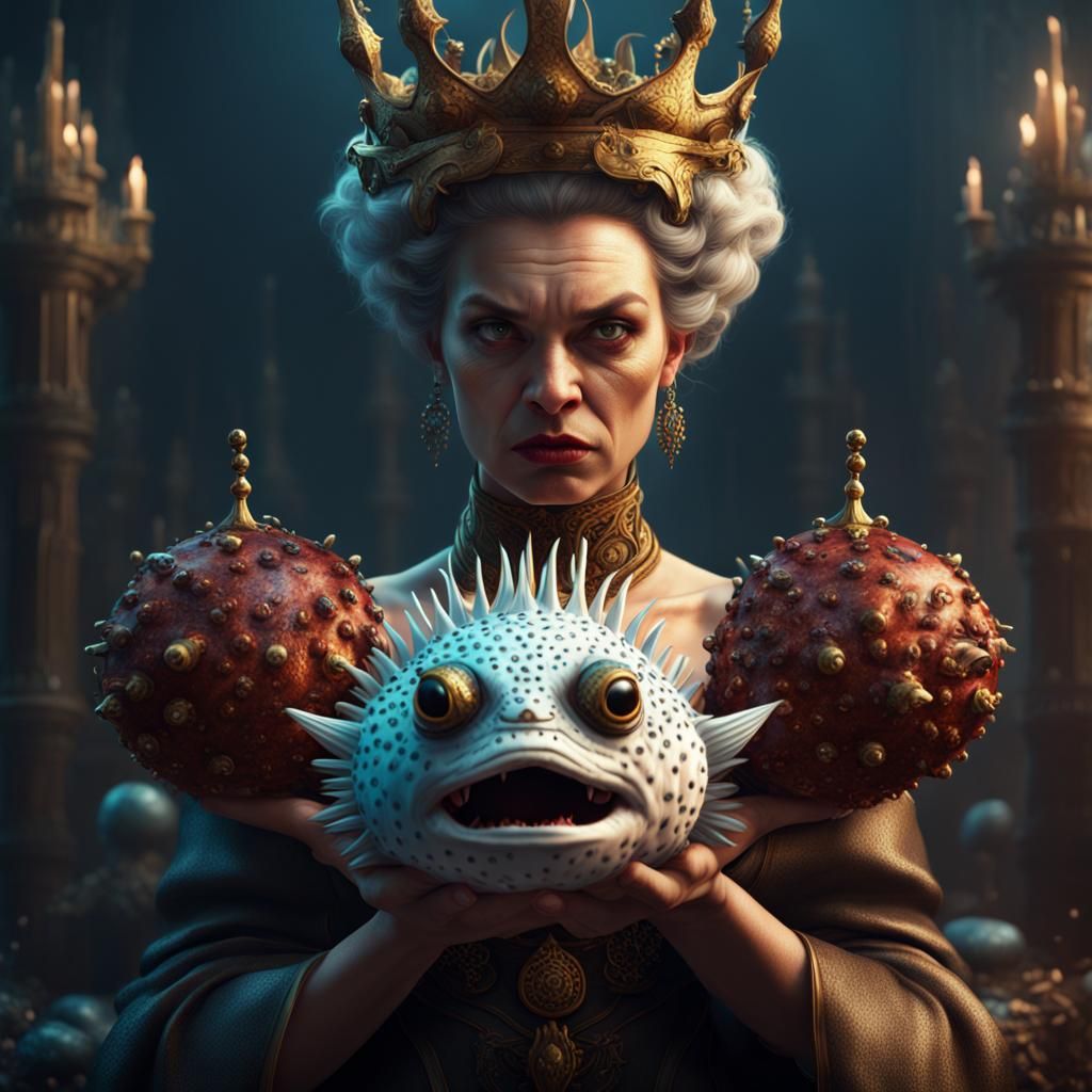 An angry queen holding a pufferfish - AI Generated Artwork - NightCafe ...