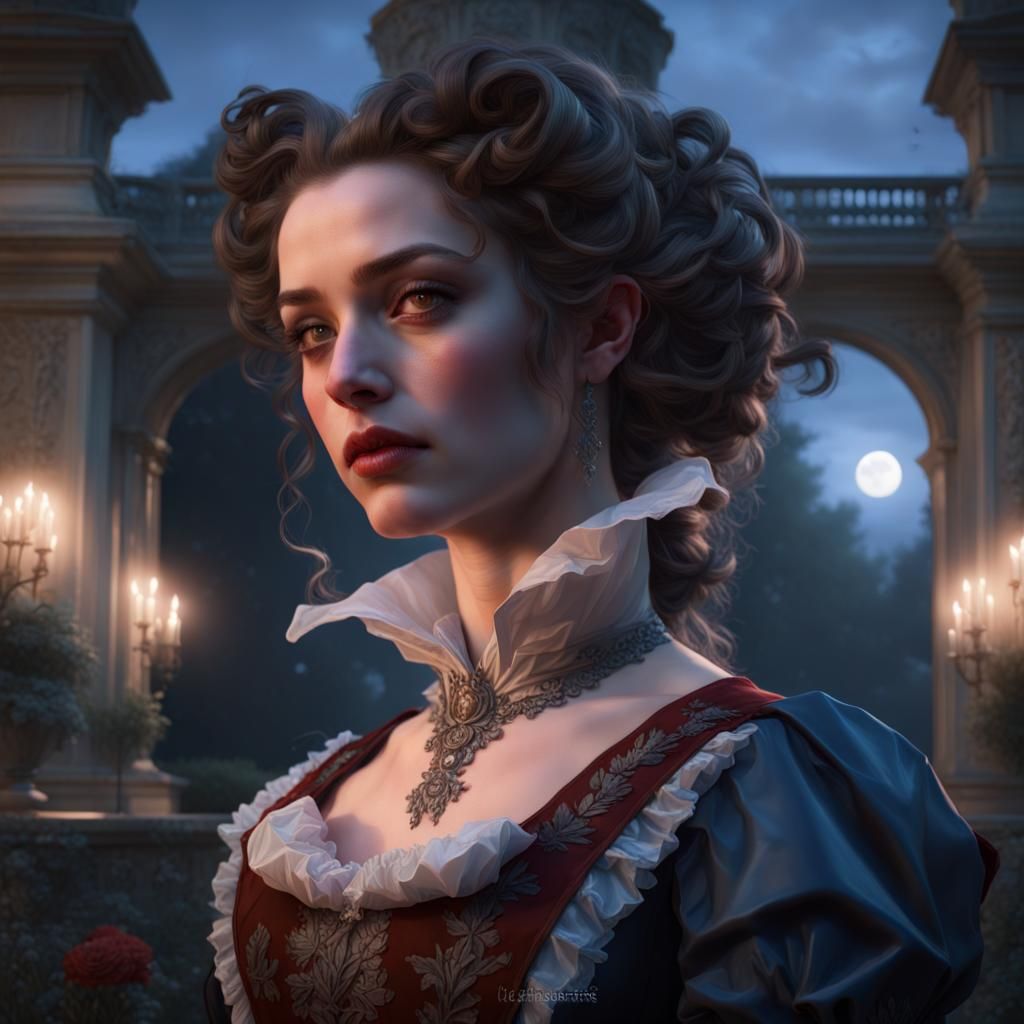 young vampire woman, in elaborate detailed 1700s attire in a moonlit ...