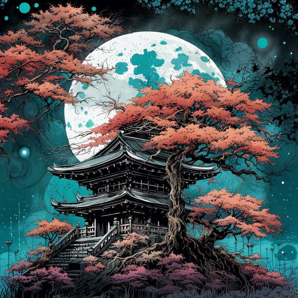 A Japanese Shinto shrine during the full moon - AI Generated Artwork ...