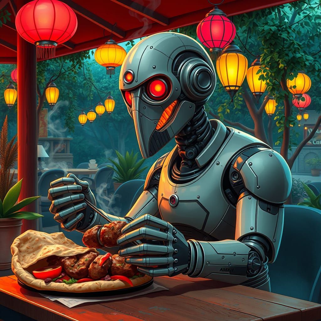 Cyborg Turkey Savoring Futuristic Kebab on Vibrant... - AI Art