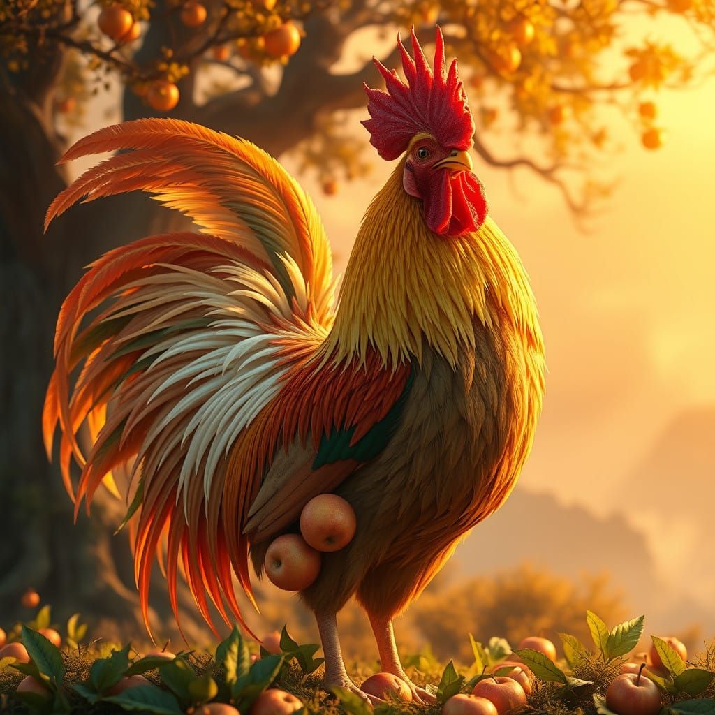 Rooster with Apple Feathers in Whimsical Harvest S... - AI Art