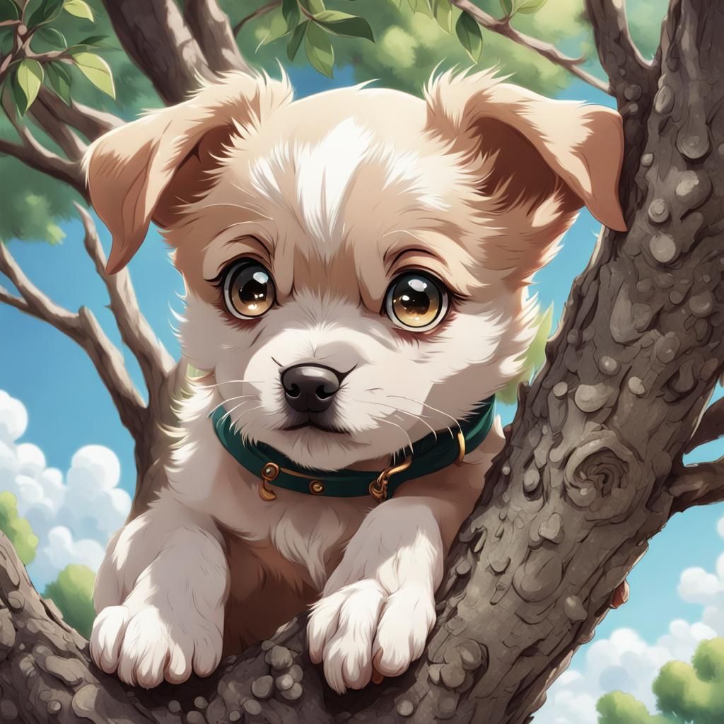 a verry cute puppy with puppy eyes in a tree - AI Generated Artwork ...