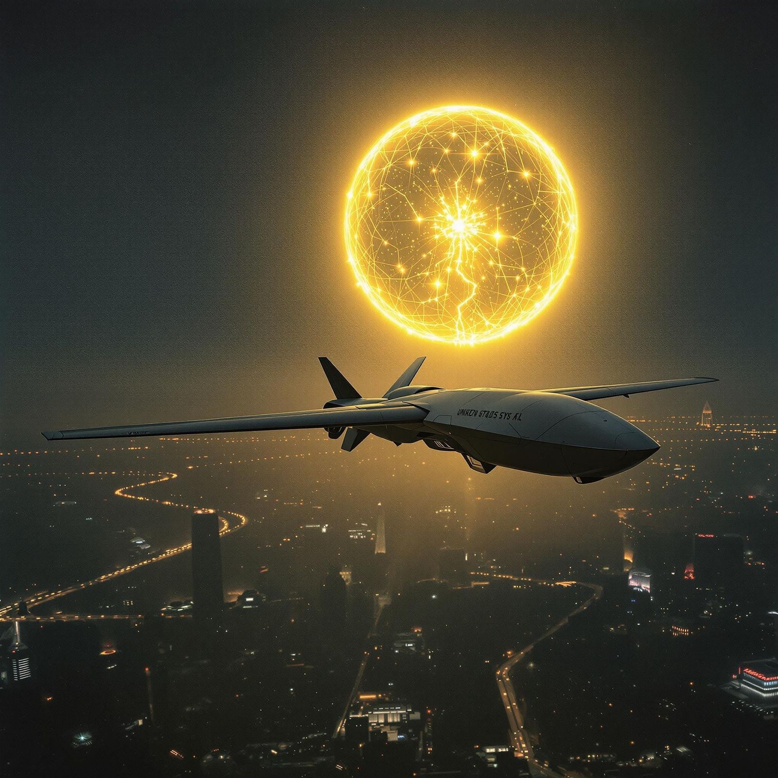 Look Up - Sleek Military Drone Hovers Amidst Celestial Energ...