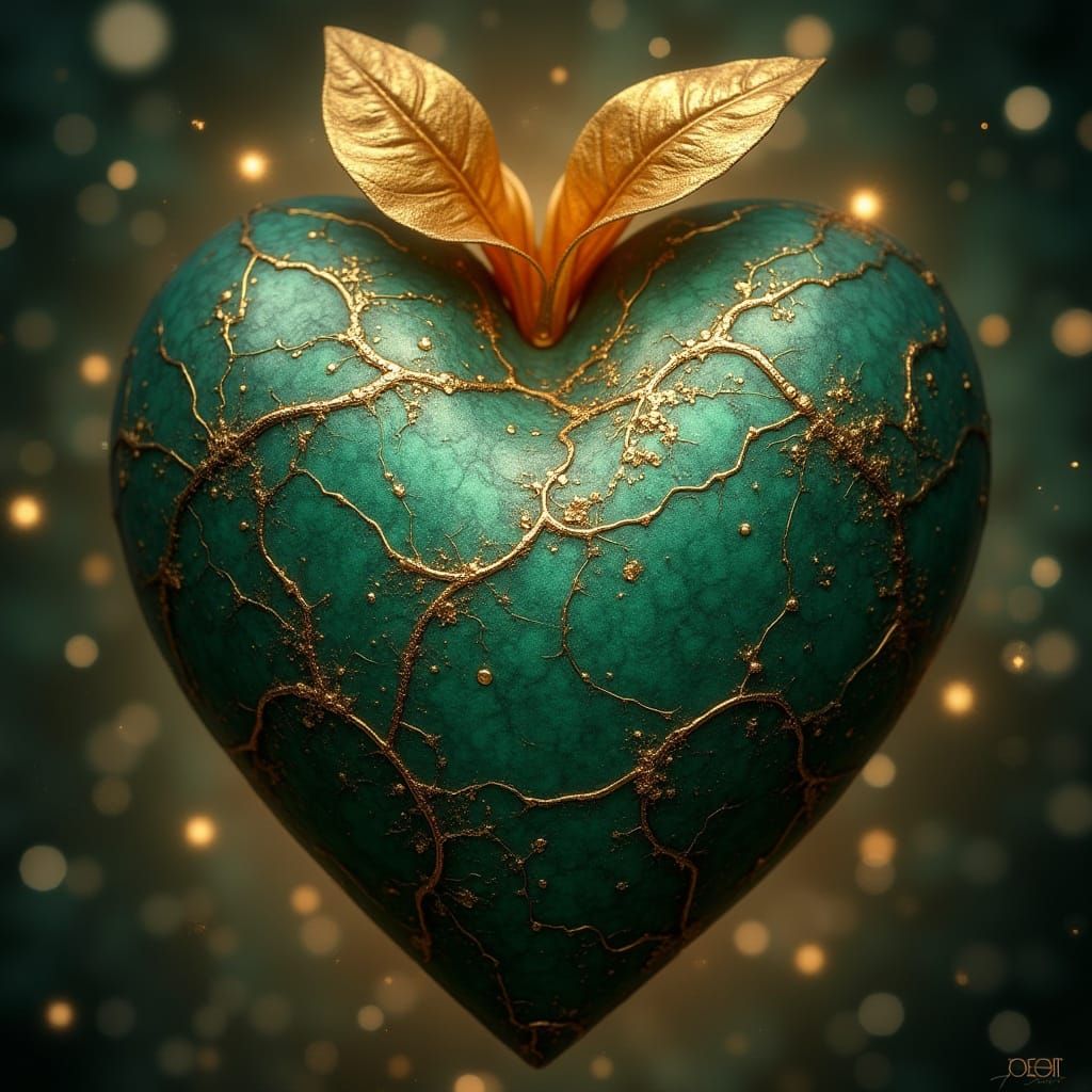 Regal Emerald Heart in Gold Kintsugi with Loving S... - AI Art