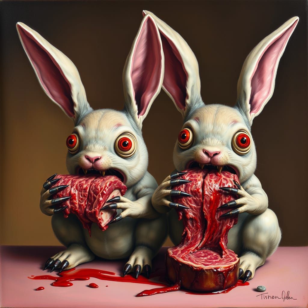 Bunnies - Grotesque Bunnies Feast: An Eerie Oil Painting