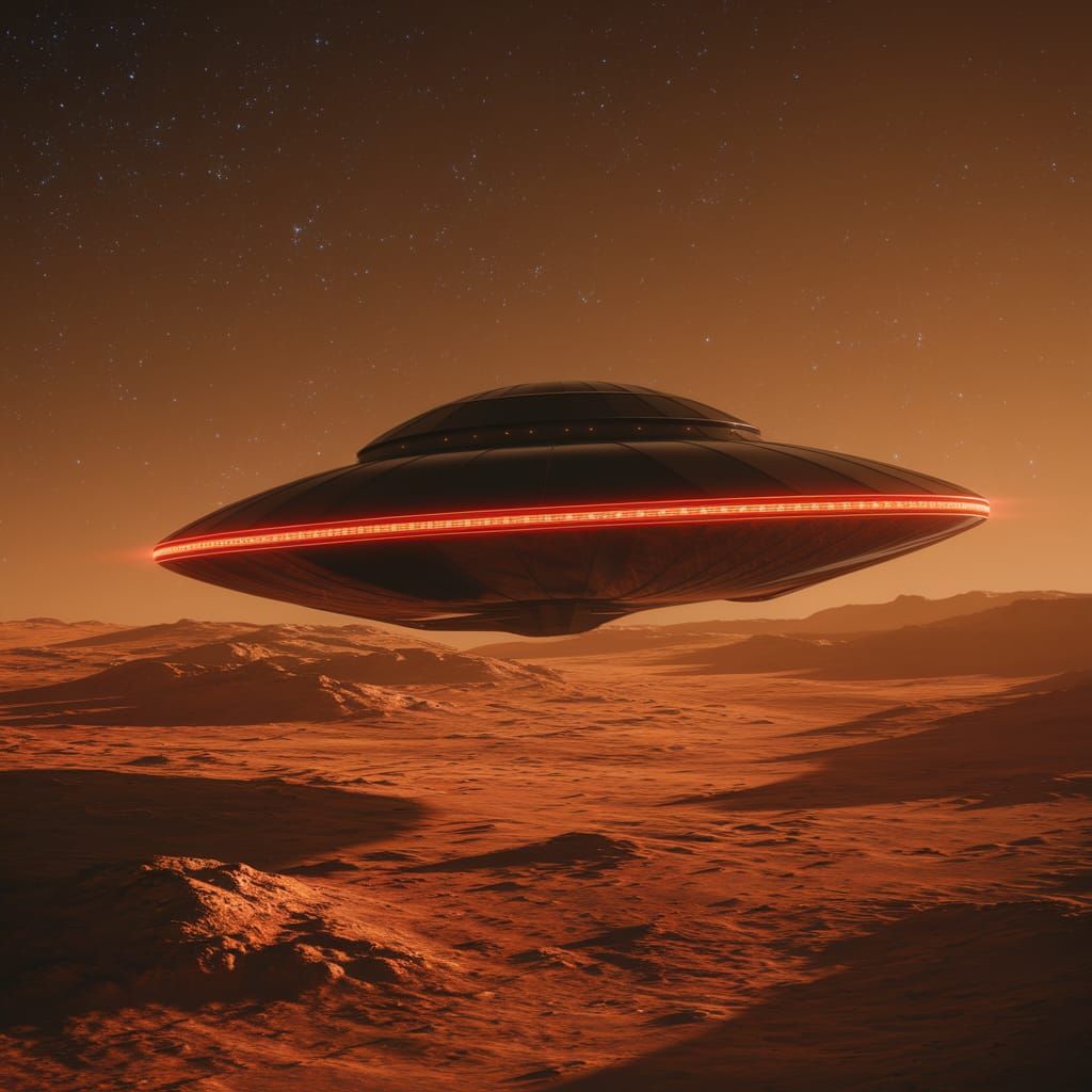 Black UFO with Red Lights Over Mars at Night - AI Art