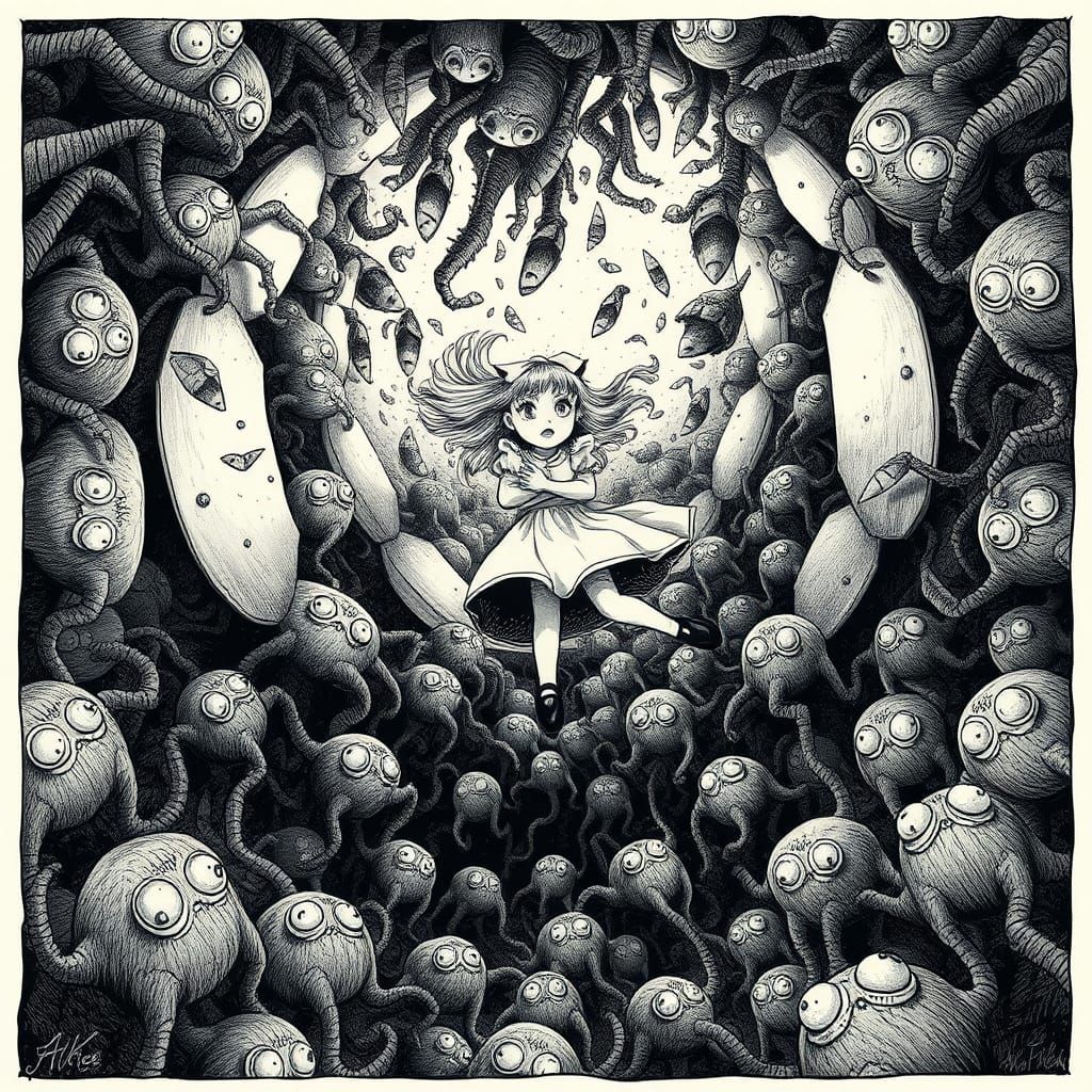 black and white pen and ink sketch John Tenniel style with a white ...